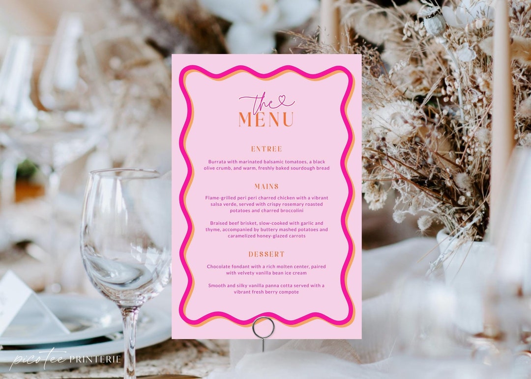 Wavy Menu Card Template, Modern Pink Orange Scalloped Birthday Bridal ...