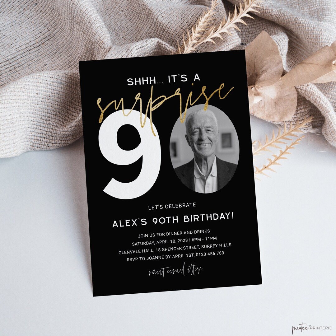 Surprise 90th Birthday Invitation For Him Minimalist Men Ninety Photo surprise-90th-birthday-invitation-for-him-minimalist-men-ninety-photo