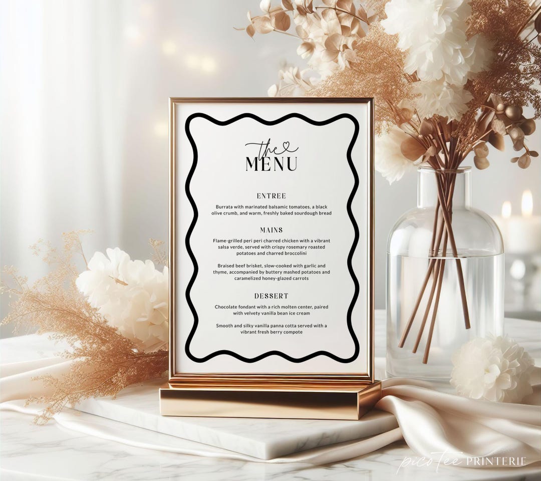 Wavy Black and White Menu Card Editable Template, Scalloped Birthday ...