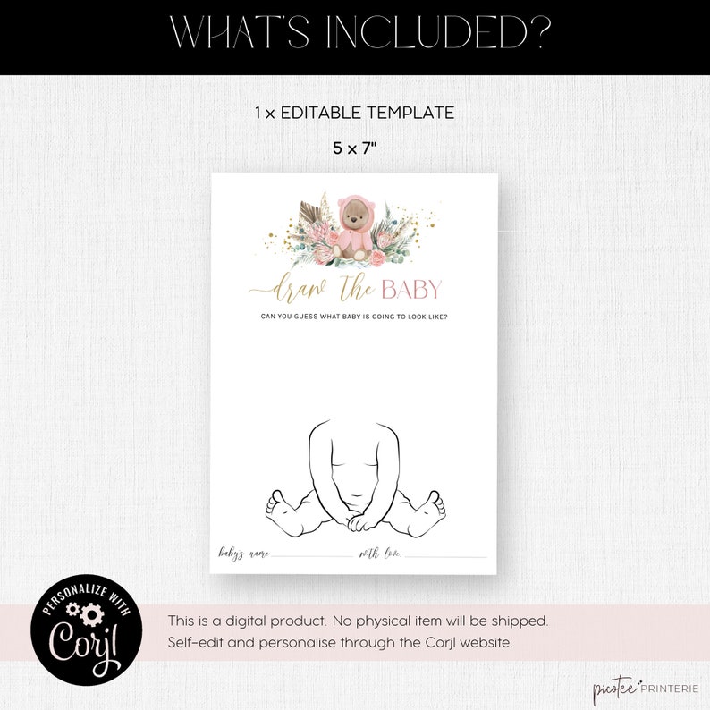 Draw Baby Shower Game, Draw the Baby Printable, Boho Baby Shower, Teddy ...