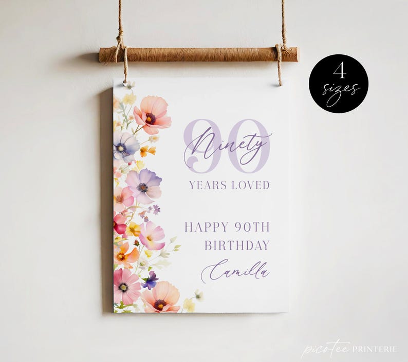 90 Years Loved Birthday Welcome Sign Women, Wildflower Floral 90th ...
