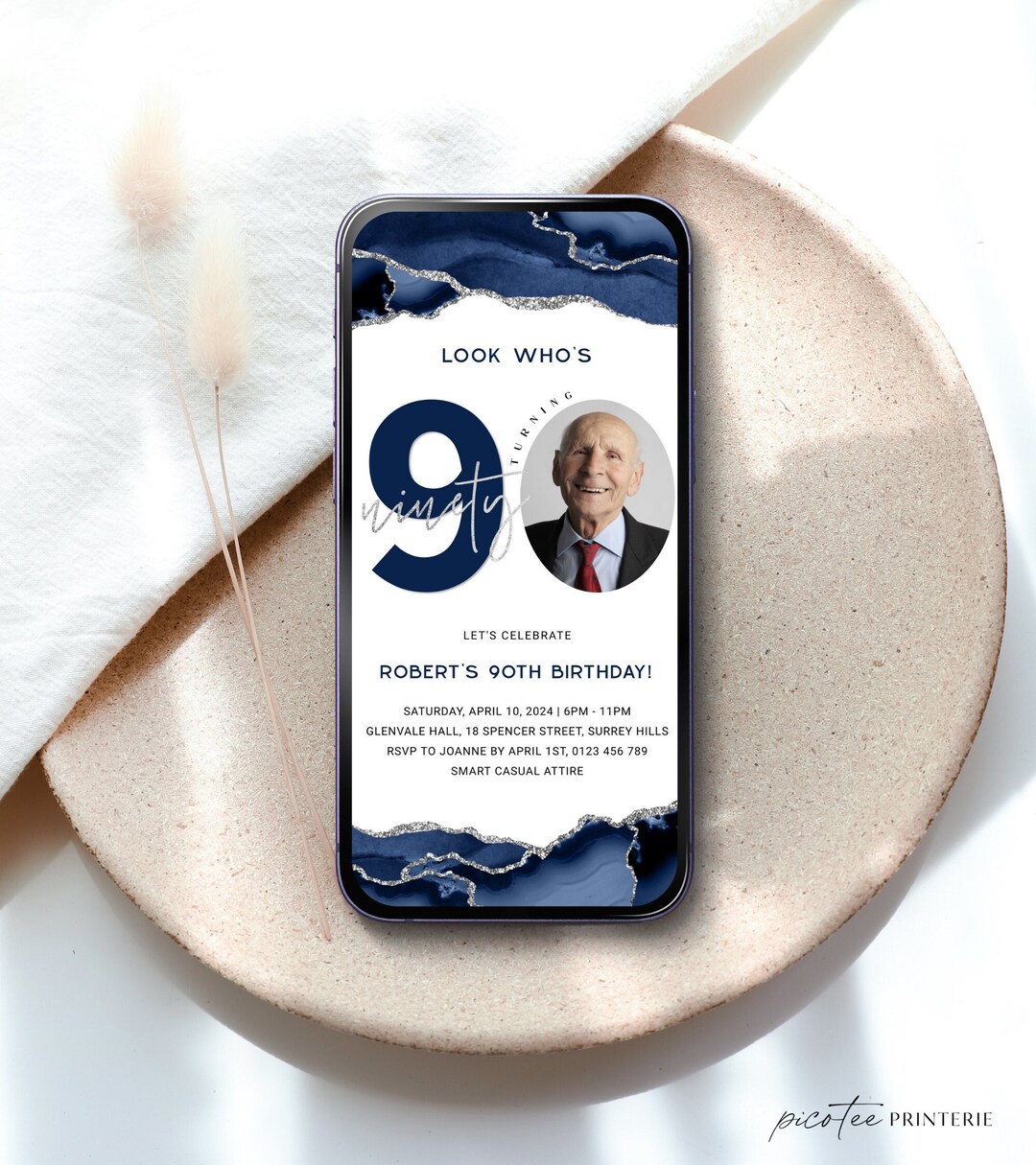 90th Birthday Invitation Template for Men, Luxury Navy Blue Silver 90th ...