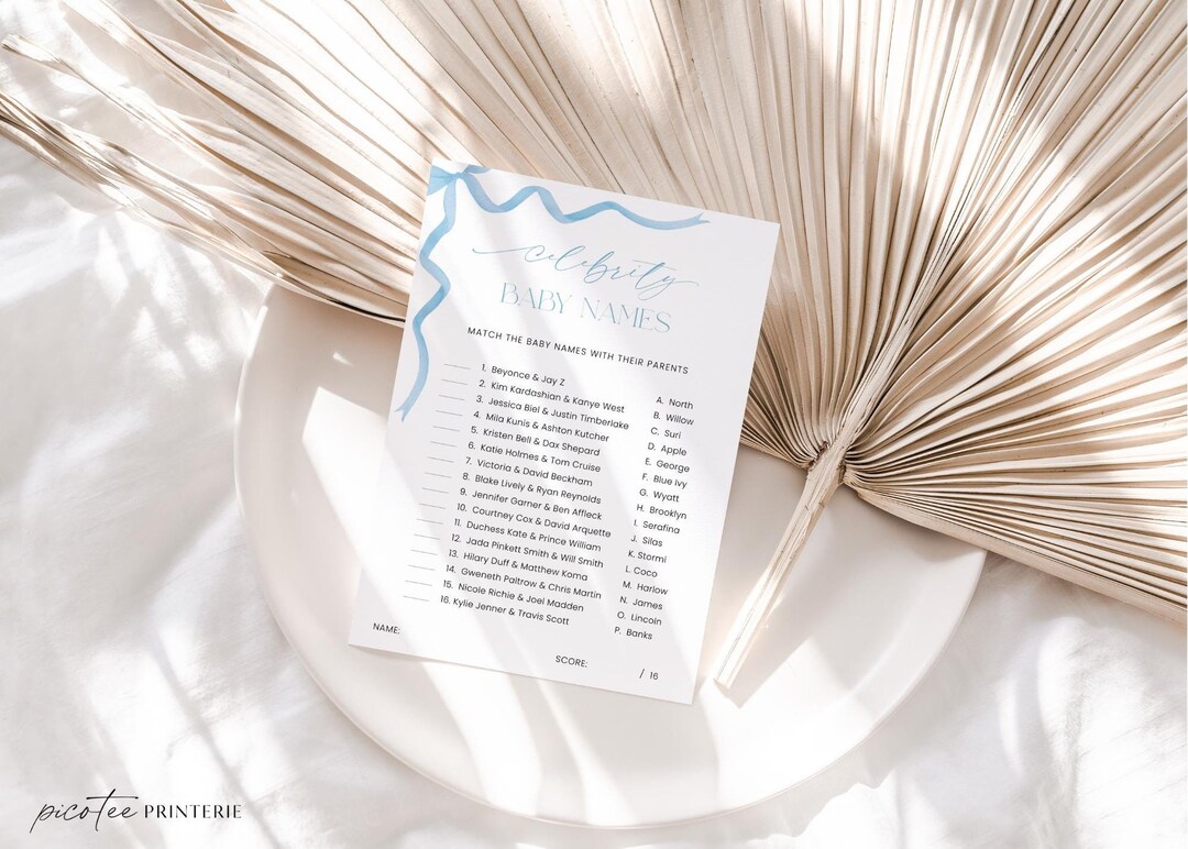 Blue Bow Celebrity Baby Name Game Template, Coquette Baby Shower ...