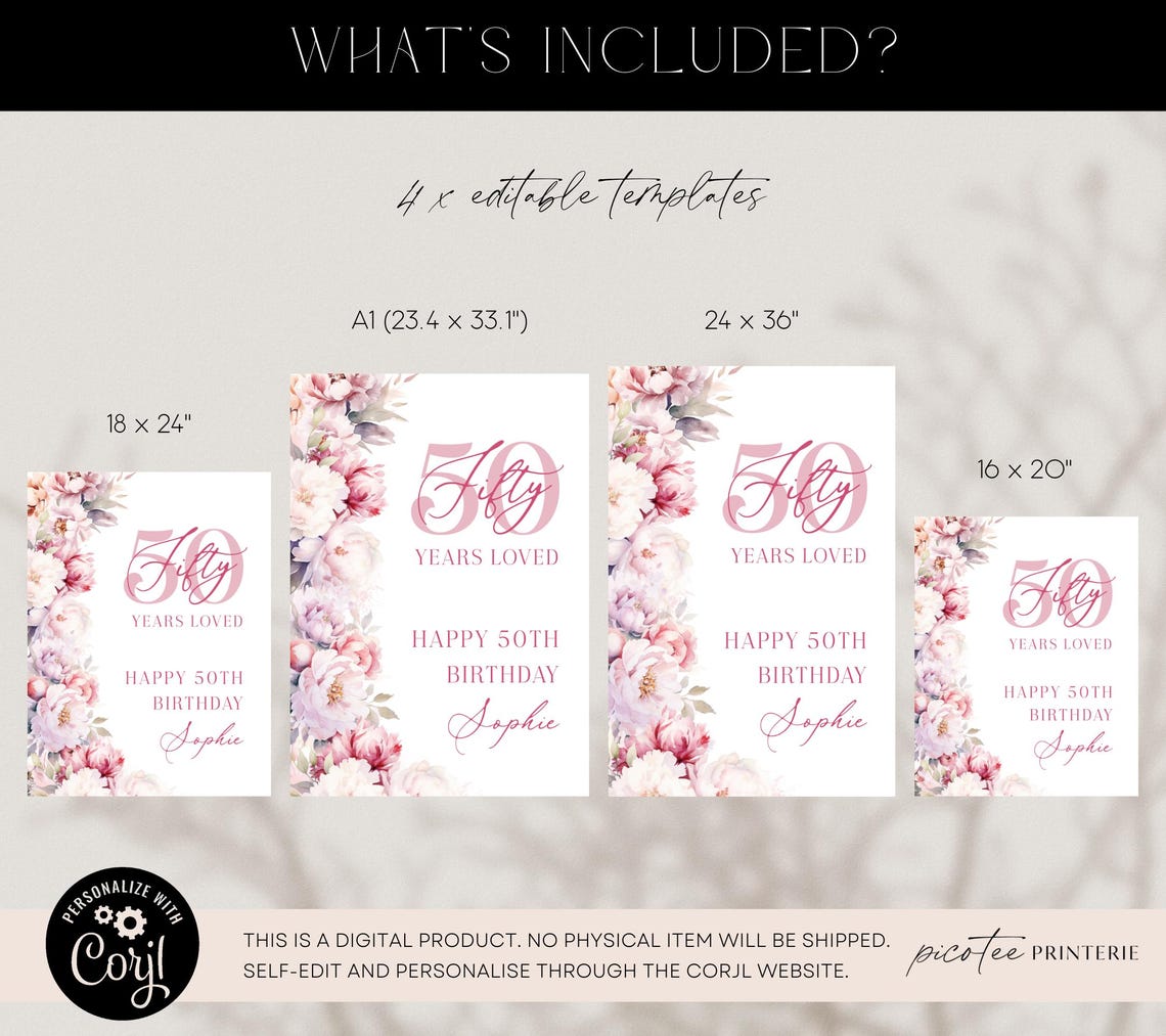50 Years Loved Birthday Welcome Sign Pink Floral Women, Flowers 50th ...