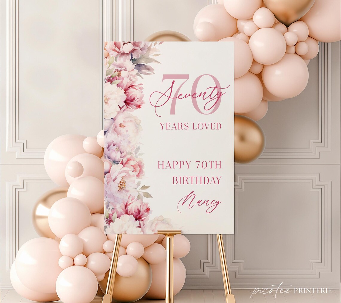 70 Years Loved Birthday Welcome Sign Pink Floral Women, Flowers 70th ...