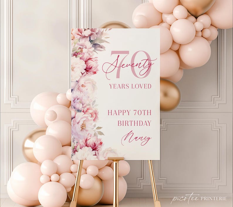 70 Years Loved Birthday Welcome Sign Pink Floral Women, Flowers 70th ...