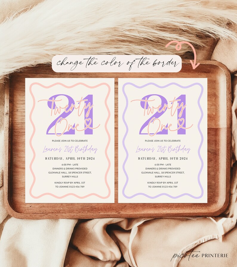 Wavy Border 21st Birthday Invitation for Her, Purple Scalloped 21st ...