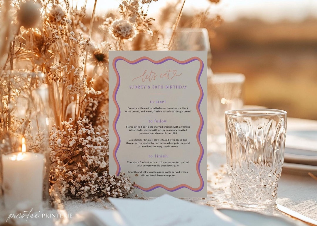 Wavy Menu Card Editable Template, Modern Purple Orange Scalloped Border ...
