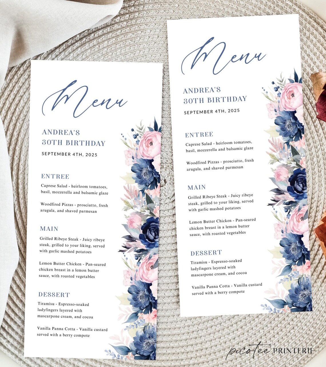 Navy and Pink Floral Menu Printable Template, Modern Blue Flowers ...