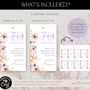 Floral Thank You 70th Birthday Gift Tag Favor Printable, 70 Years Loved ...