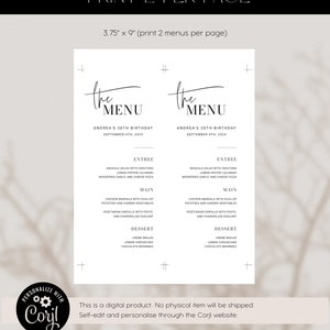 Minimalist Dinner Menu Printable Template, Modern Editable Birthday ...
