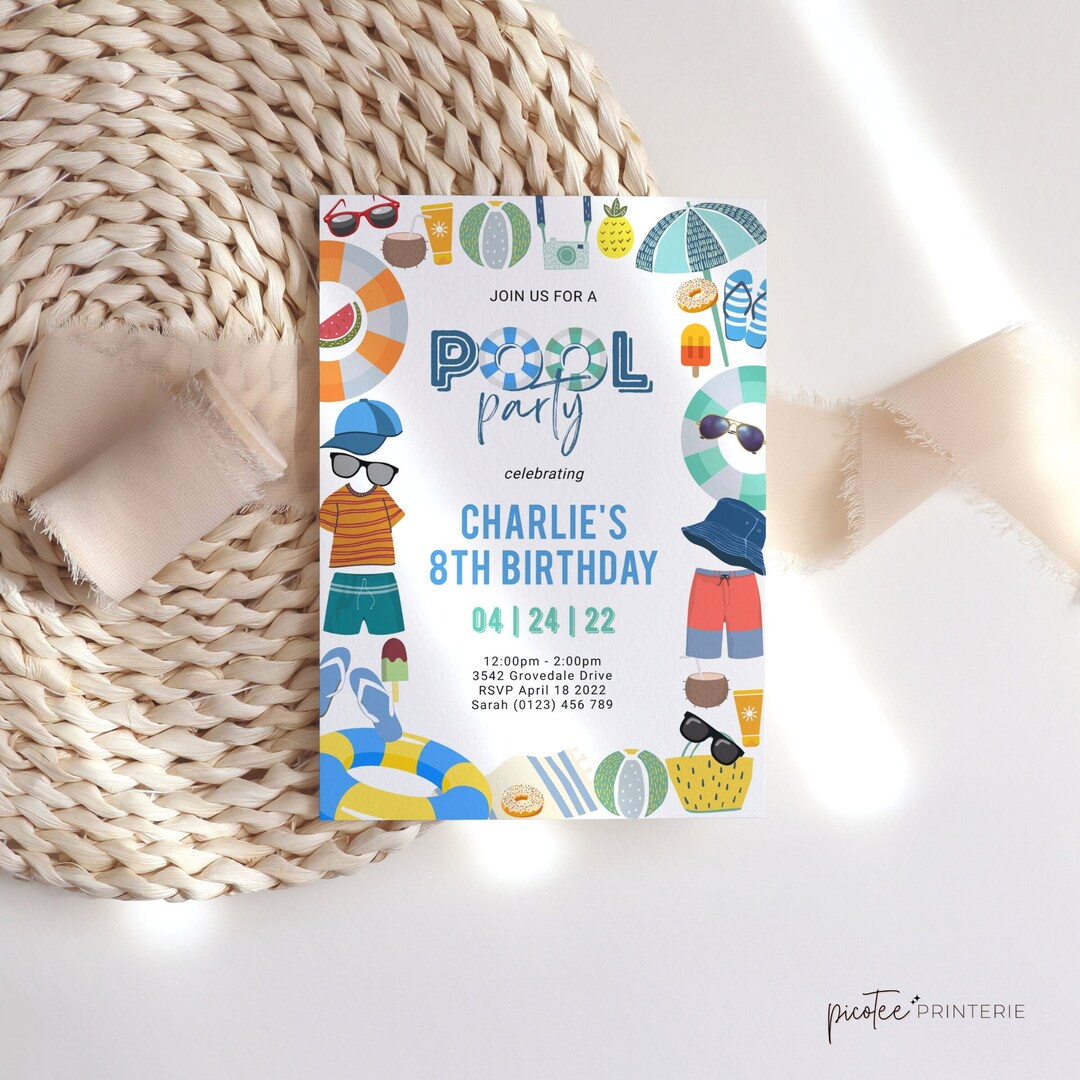 Pool Party Invitation 8th Birthday, Editable Template, Boys Eighth ...