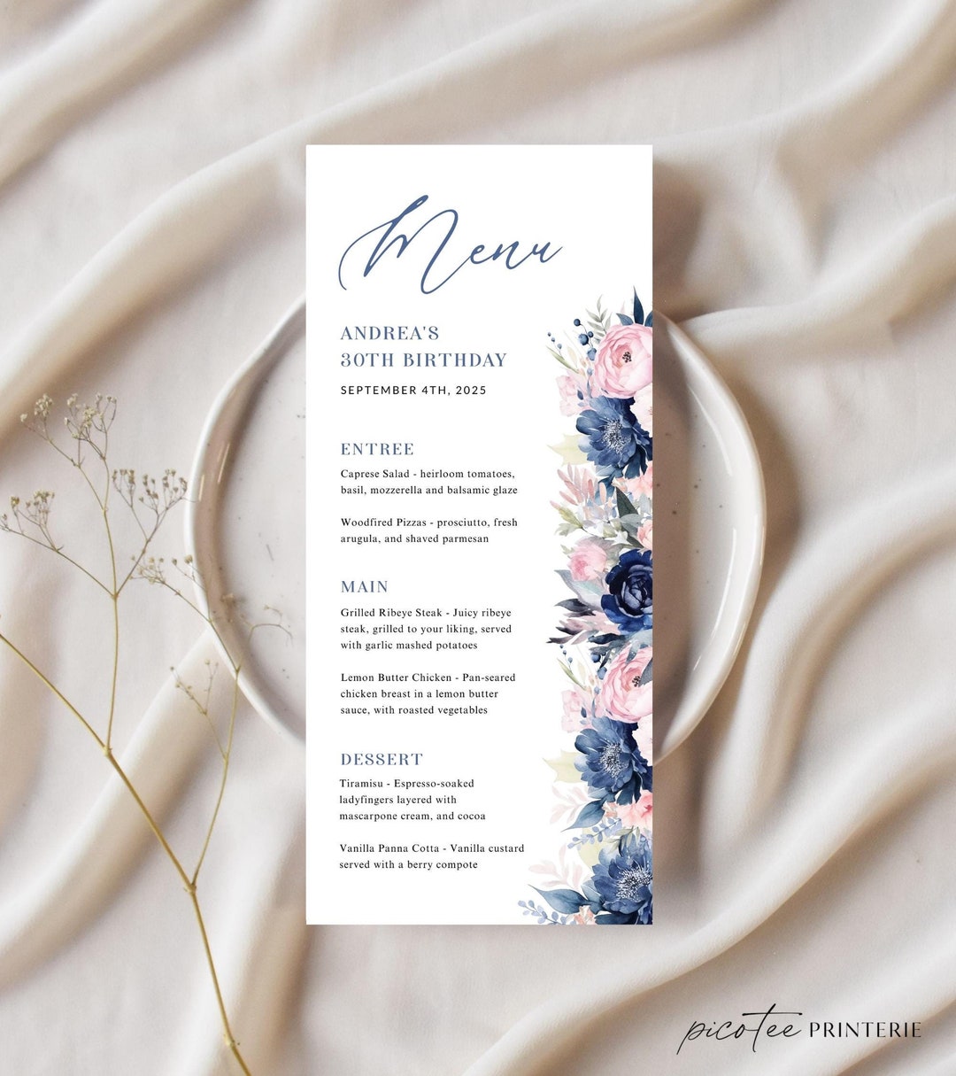 Navy and Pink Floral Menu Printable Template, Modern Blue Flowers ...