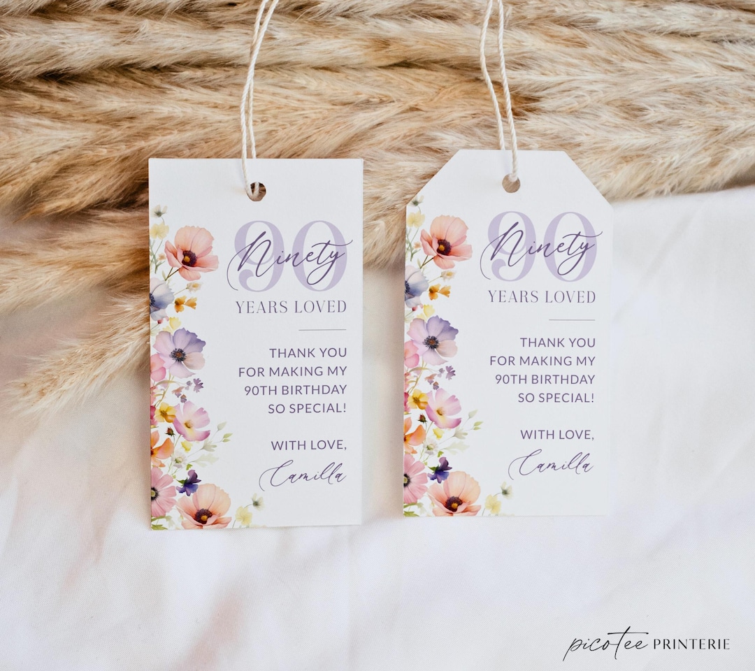 Floral Thank You 90th Birthday Gift Tag Favor Printable, 90 Years Loved ...