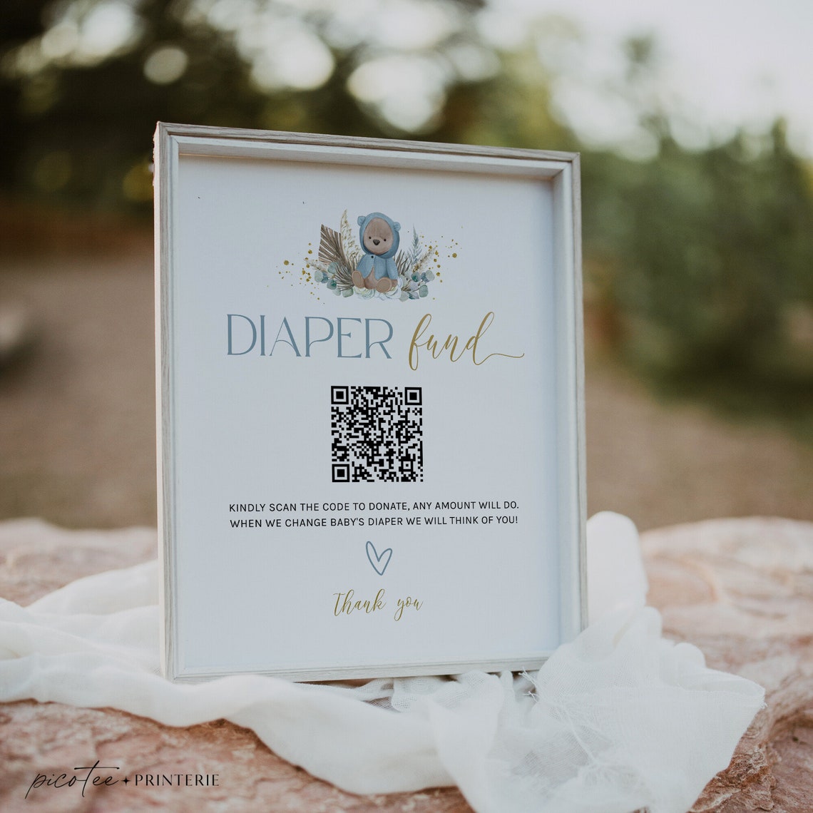 Blue Bear Baby Shower QR Code Diaper Fund Sign, Printable Diaper Gift ...