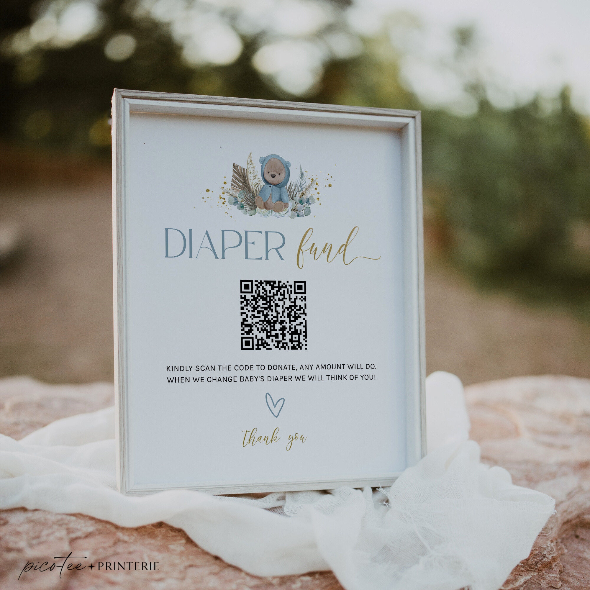 Blue Bear Baby Shower QR Code Diaper Fund Sign, Printable Diaper Gift ...