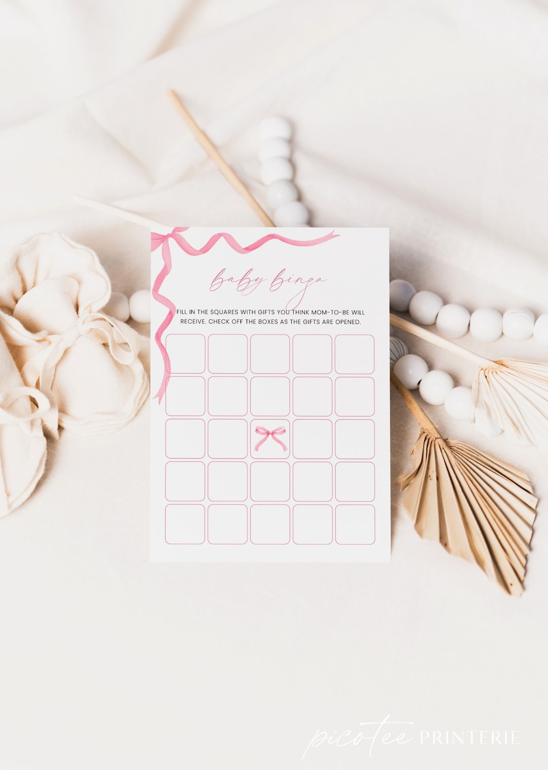 Coquette Pink Bow Baby Shower Bingo Cards Printable, Girl Baby Bingo ...