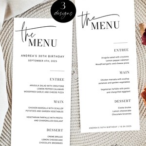 Minimalist Dinner Menu Printable Template, Modern Editable Birthday ...