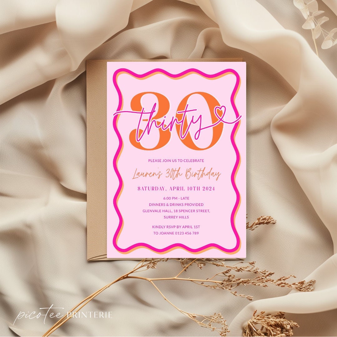 Pink Wavy Border 30th Birthday Invitation Women, Scalloped 30th Party ...