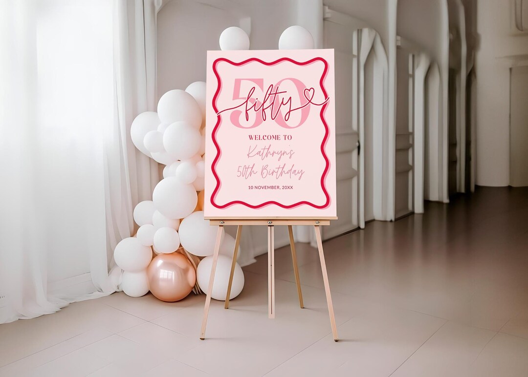 Wavy Border 50th Birthday Welcome Sign for Her, Pink Coral Scalloped 50 ...