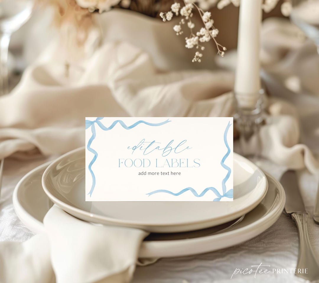 Blue Bow Food Label Card Template, Coquette Folded Food Tent Cards ...