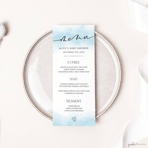 Menu Template Baby Shower, Blue Minimalist Editable Menu Card, Lunch ...