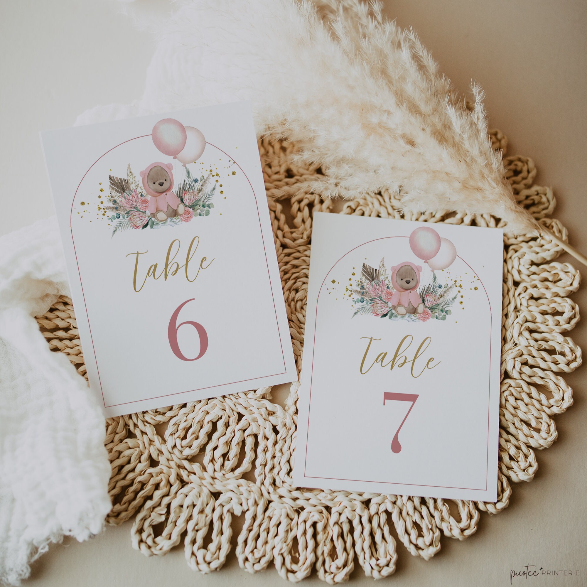 Baby Shower Table Numbers Printable, Pink Teddy Bear, Boho Baby Shower ...