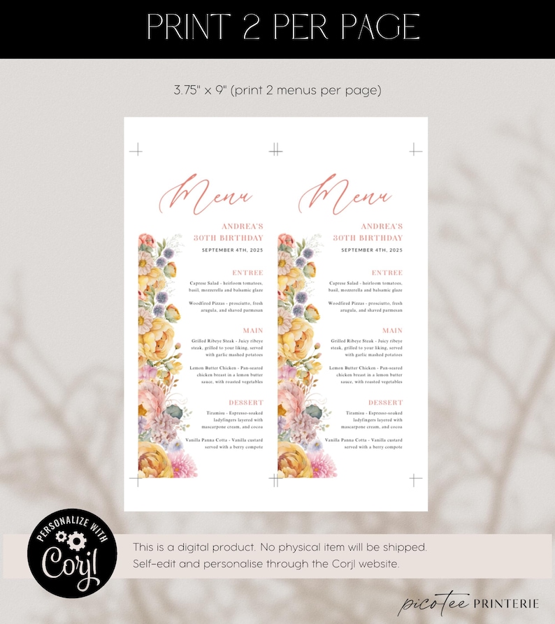 Yellow Floral Menu Card Printable Template, Modern Flowers Editable ...