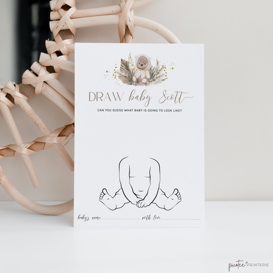 Draw Baby Shower Game, Draw the Baby Printable, Boho Baby Shower, Teddy ...