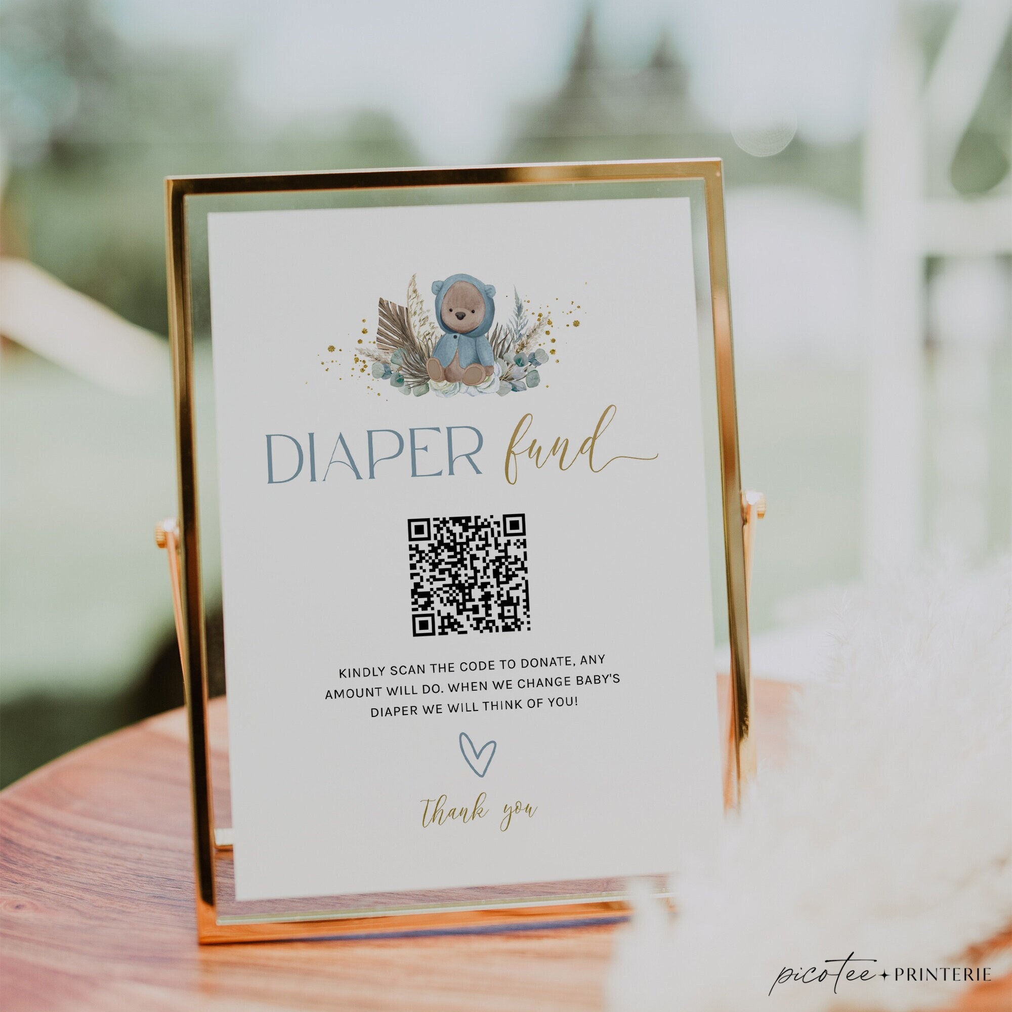 Blue Bear Baby Shower QR Code Diaper Fund Sign, Printable Diaper Gift ...