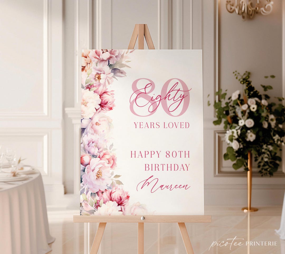 80 Years Loved Birthday Welcome Sign Pink Floral Women, Flowers 80th ...