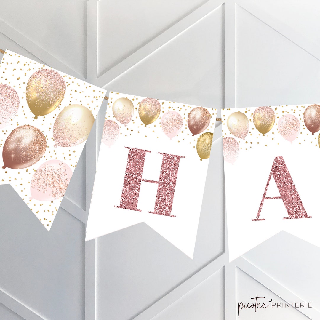 Rose Gold Balloon Bunting Flag Pennant Sign, Printable Instant Download ...