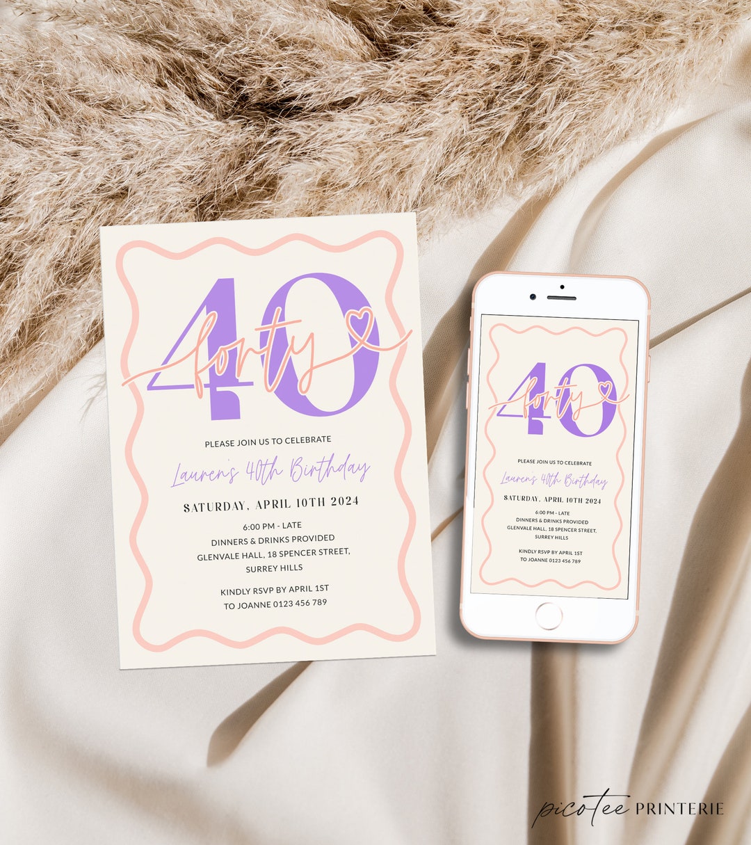 Wavy Border 40th Birthday Invitation Women, Purple Scalloped 40th Party ...