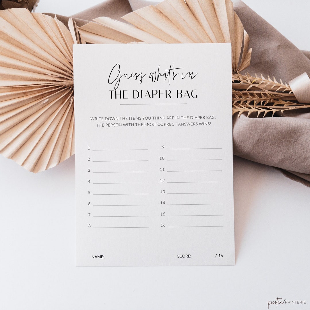 What's in the Diaper Bag Baby Shower Game, Minimalist Guess Whats in ...