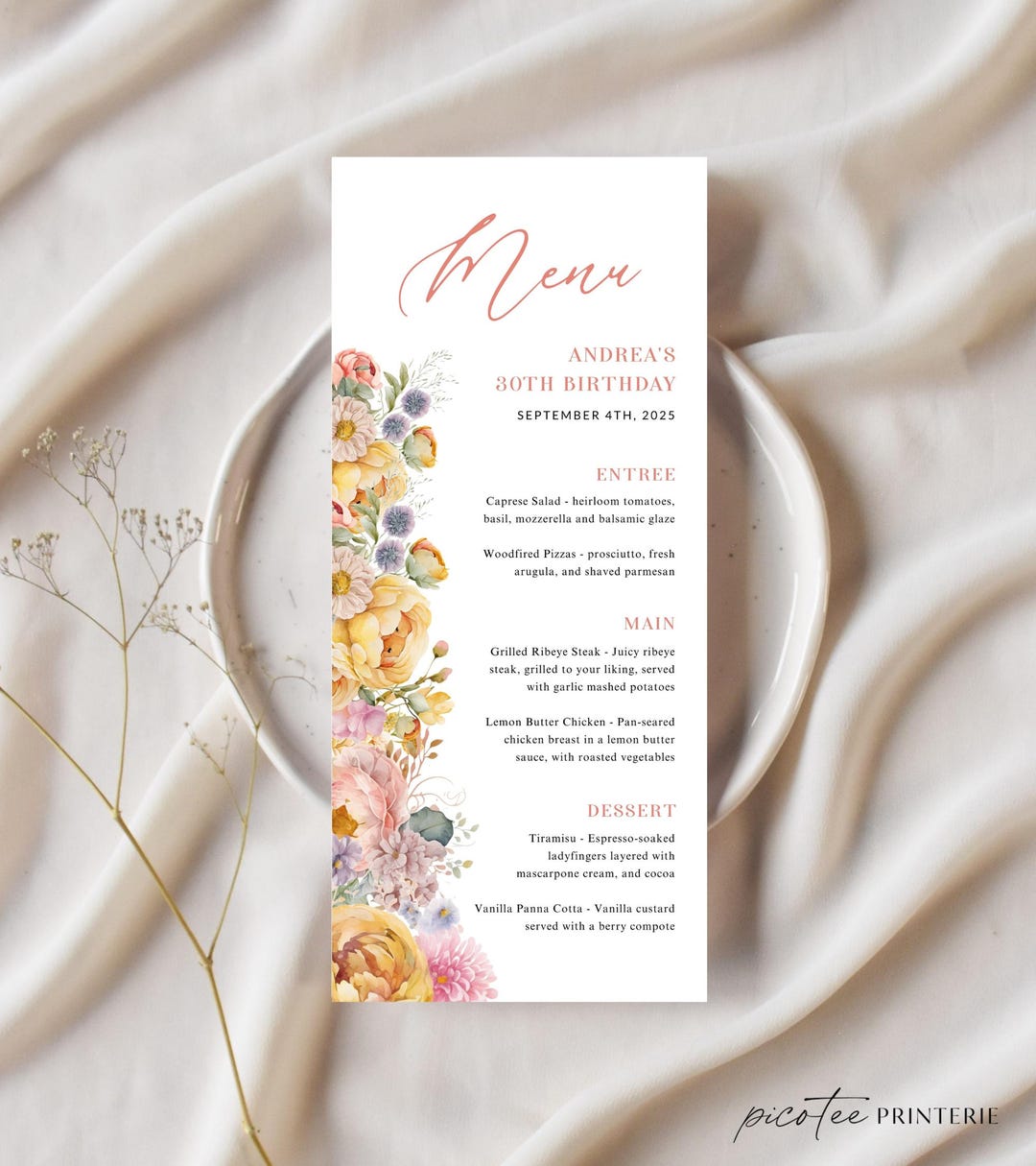 Yellow Floral Menu Card Printable Template, Modern Flowers Editable ...