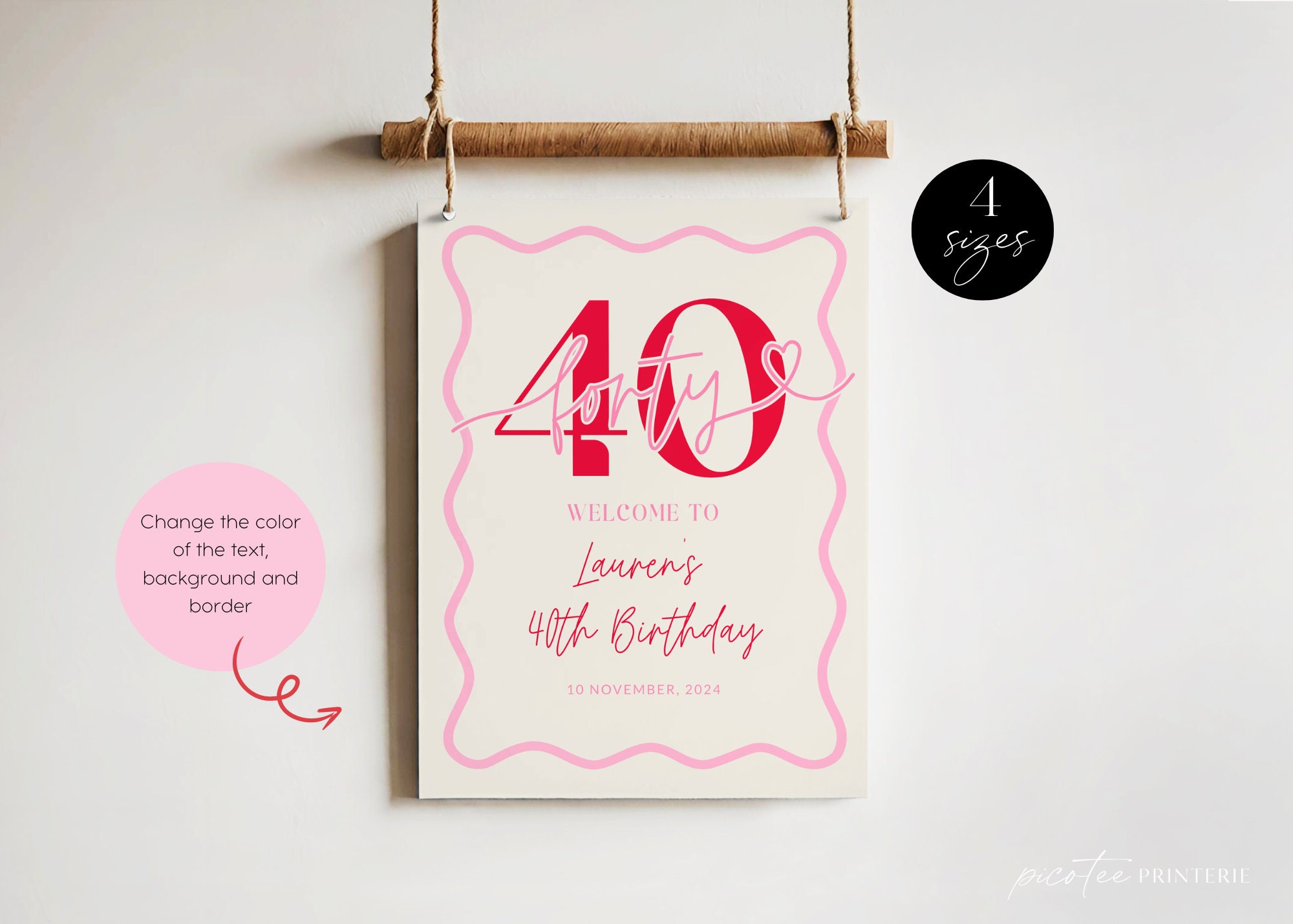 Wavy Border Welcome Sign 40th Birthday Women, Pink Red Scalloped 40th ...