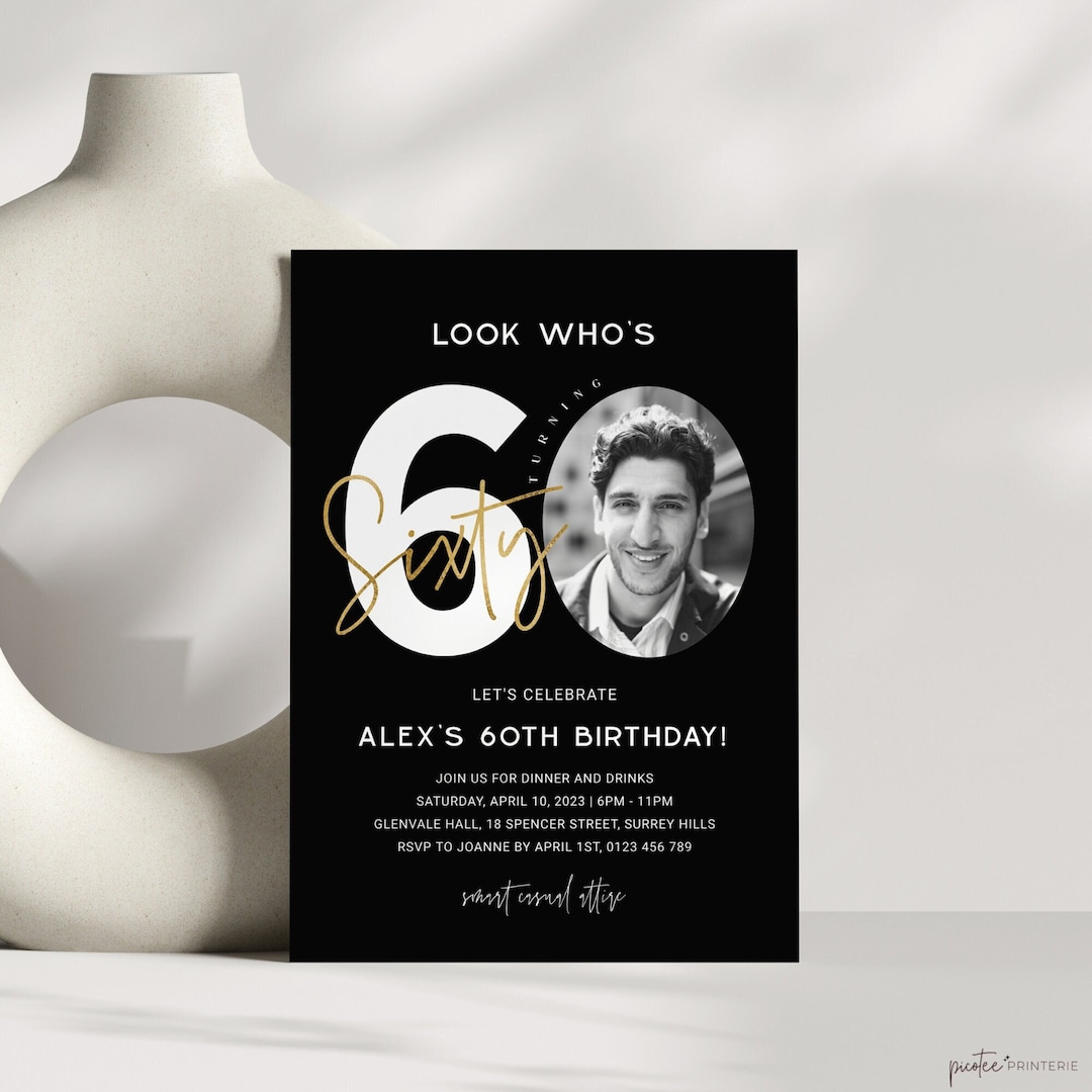 60th Birthday Party Invitation With Photo, Minimalist Men Black Gold ...