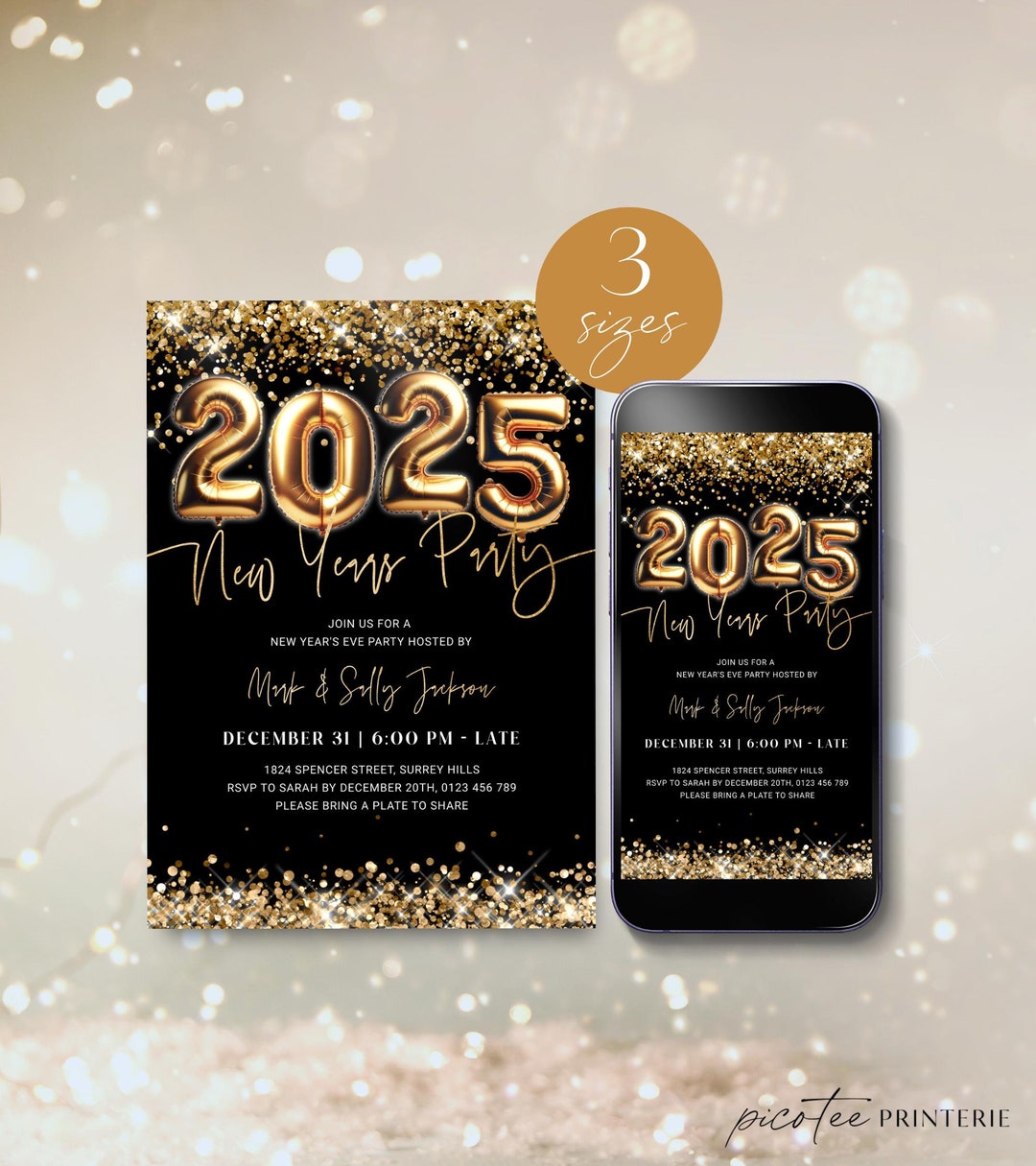 New Years Eve 2025 Invitation Template, Gold and Black New Years Eve ...