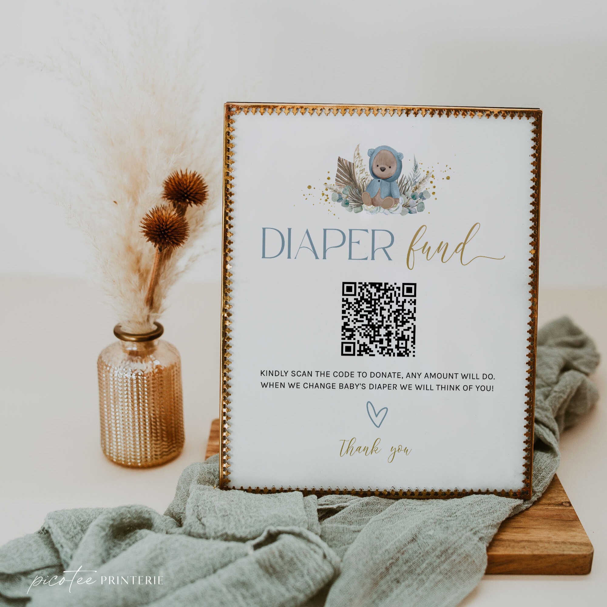 Blue Bear Baby Shower QR Code Diaper Fund Sign, Printable Diaper Gift ...