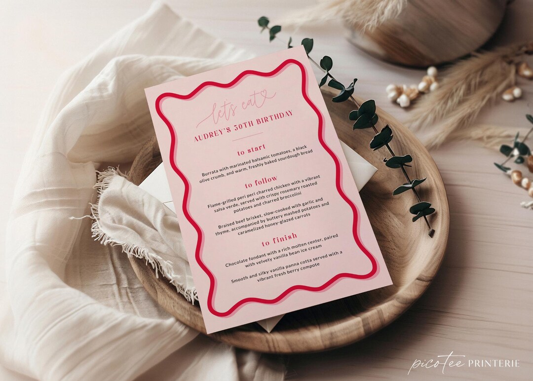 Let's Eat Wavy Menu Card Printable, Modern Pink Coral Scalloped ...