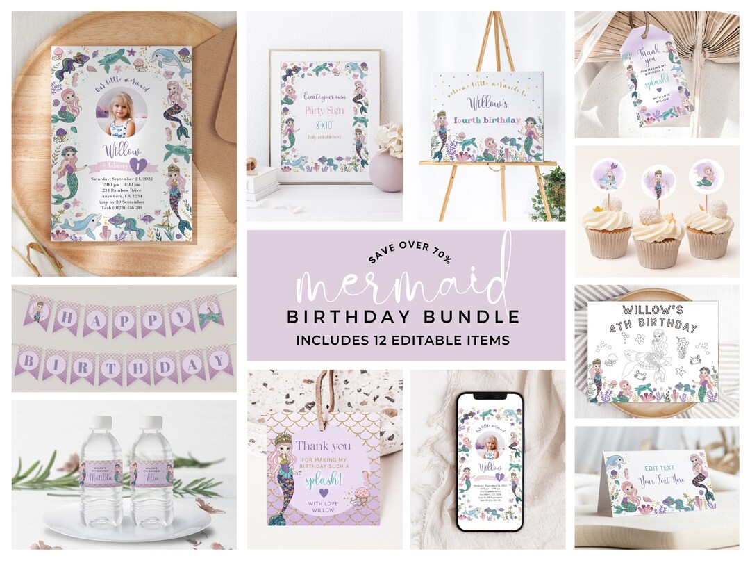 Mermaid Ocean Birthday Party Bundle Package Suite Template, Matching ...