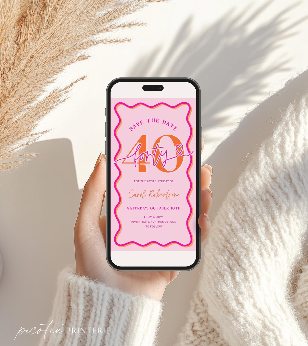 Save the Date Wavy Border 40th Invitation Women, Pink Scalloped 40th ...