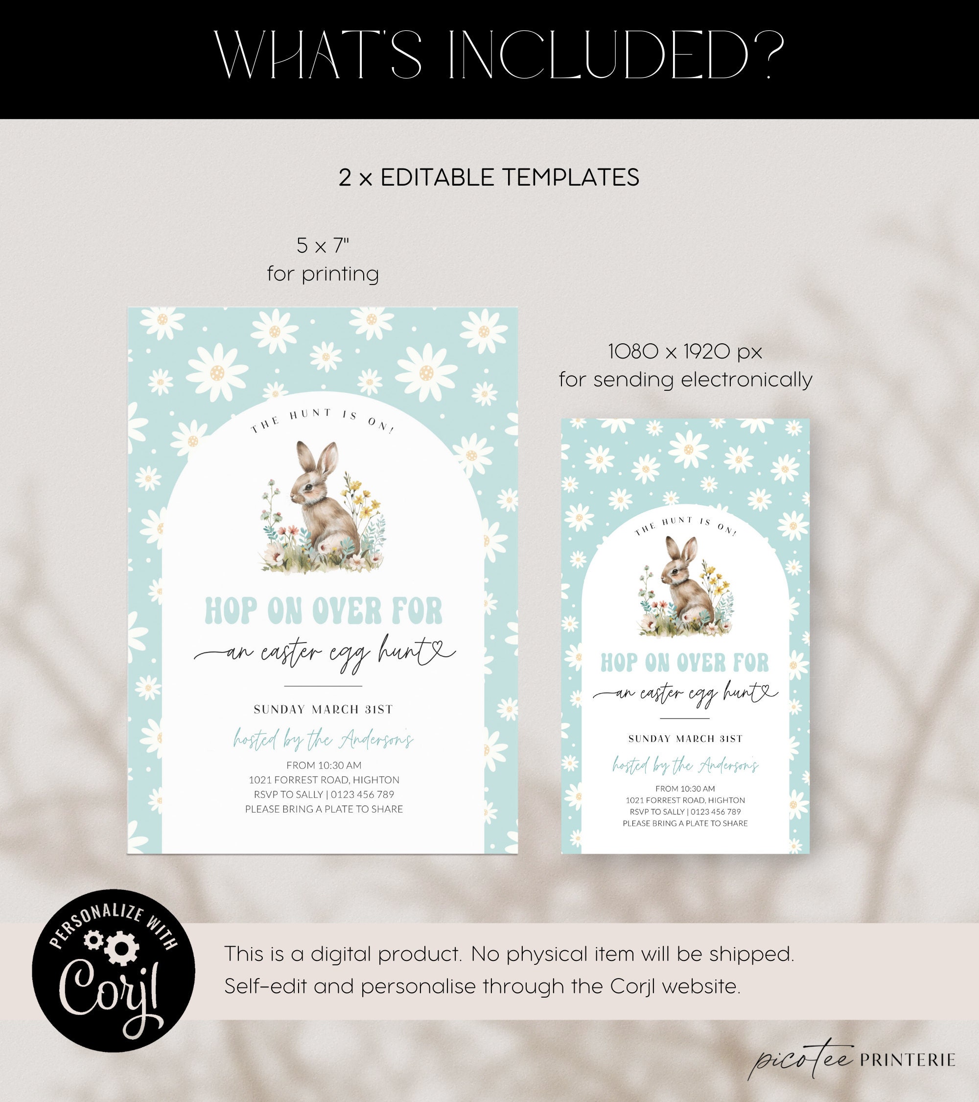 Spring Easter Egg Hunt Invitation Printable, Mint Flowers Easter ...