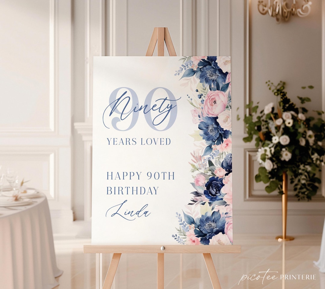 90 Years Loved Birthday Welcome Sign Women, Blue Floral 90th Party ...
