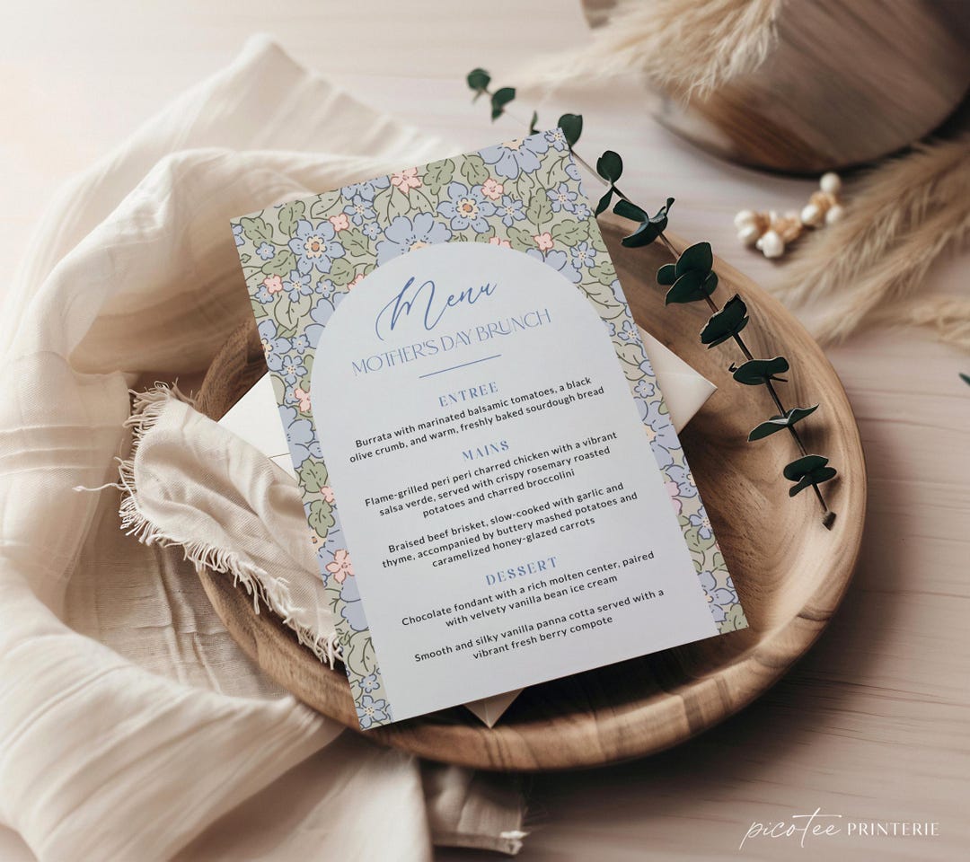 Blue Floral Mother's Day Menu Card Printable Template, Mimosa Bubbly ...