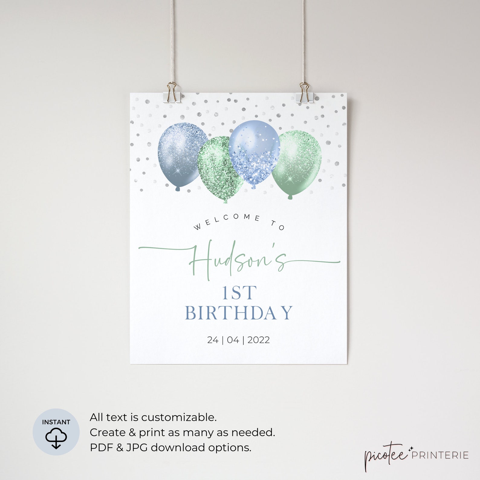 Welcome Sign Template Boys Birthday Party Sign Green Blue - Etsy