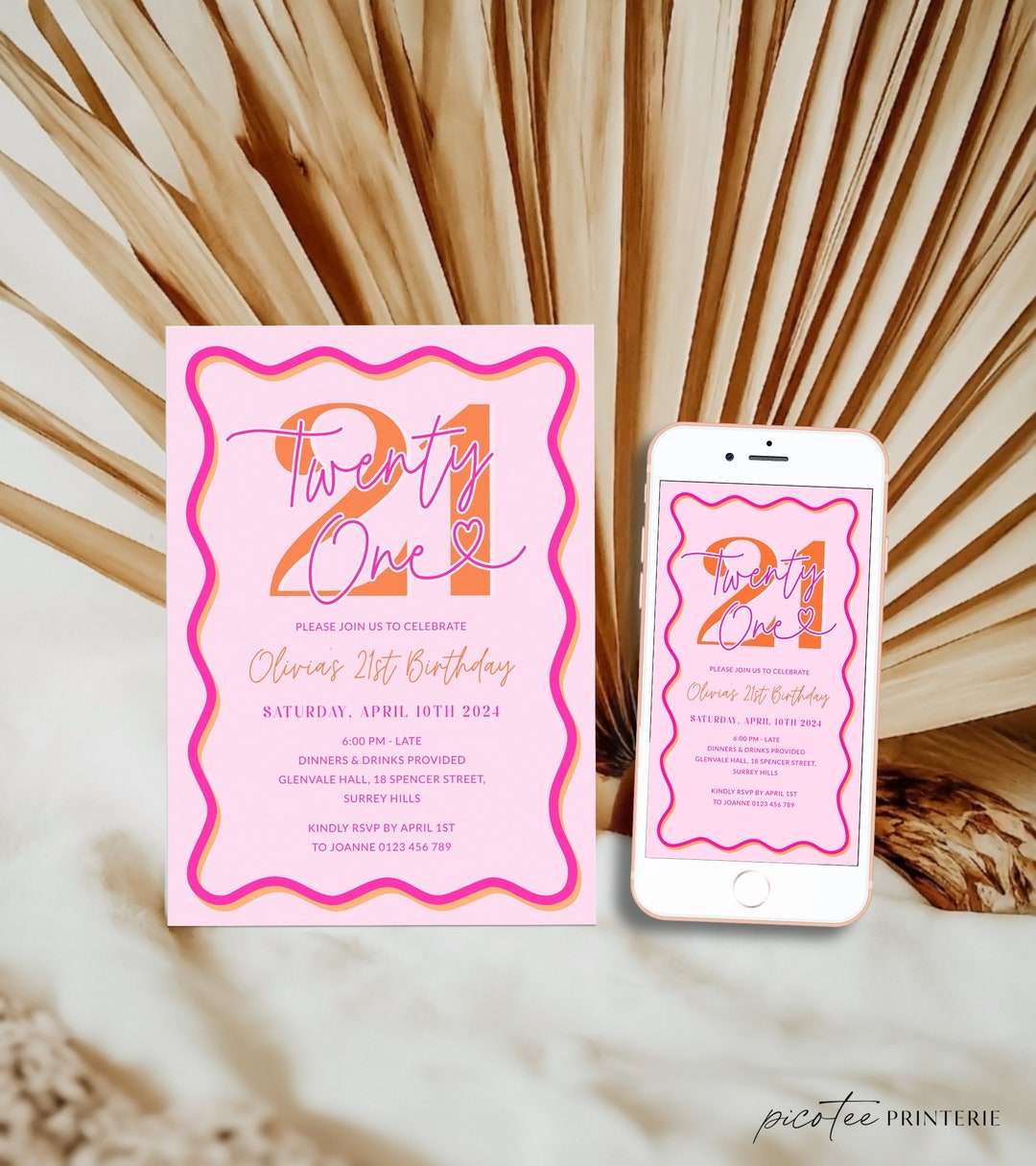 Pink Orange Wavy 21st Birthday Invitation for Her, Scalloped Girls 21st ...
