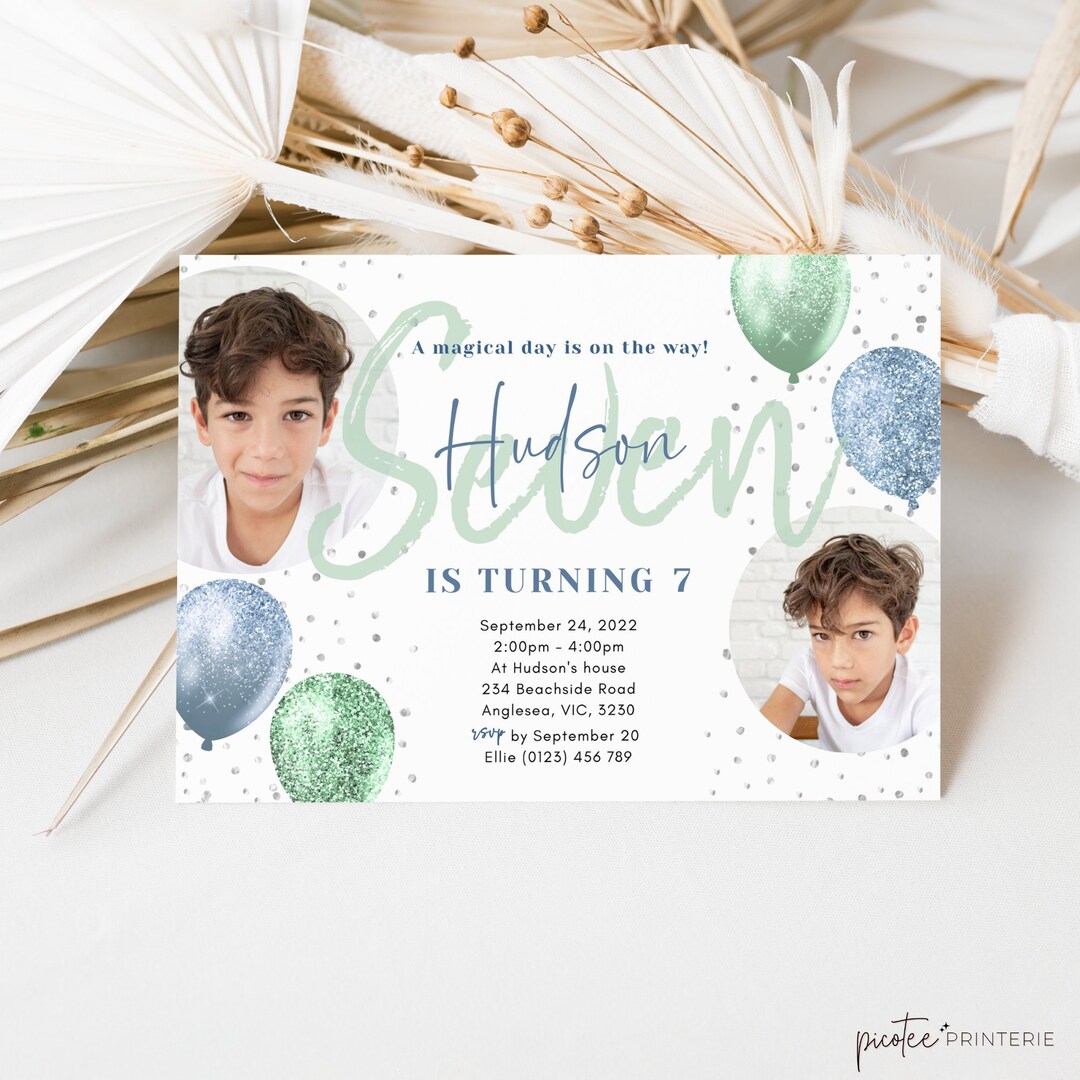 7th Birthday Party Invitation With Photo, Boys Seventh Birthday ...