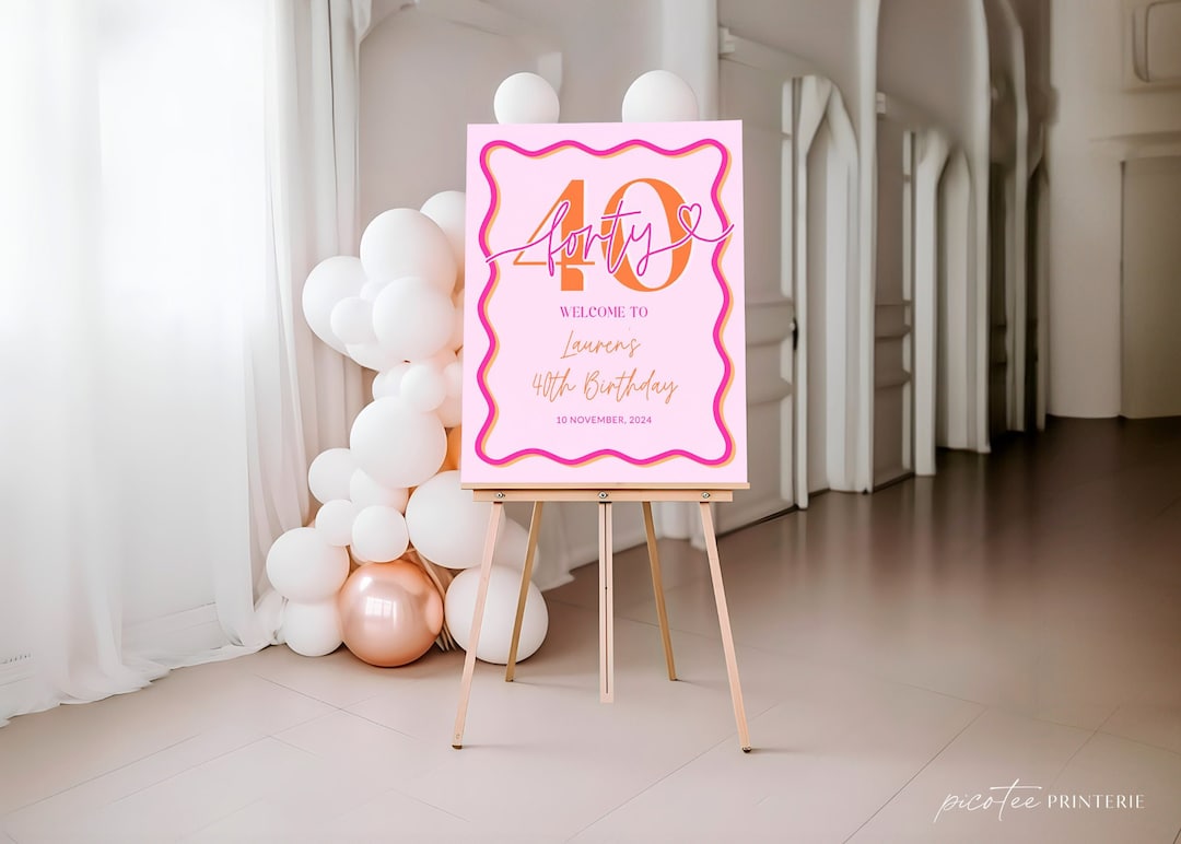 Wavy Border Welcome Sign 40th Birthday for Her, Pink Orange 40th ...