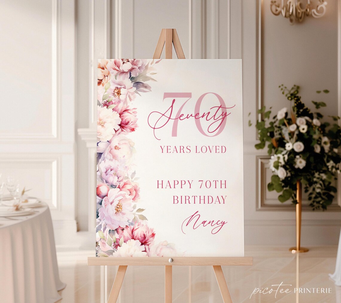 70 Years Loved Birthday Welcome Sign Pink Floral Women, Flowers 70th ...